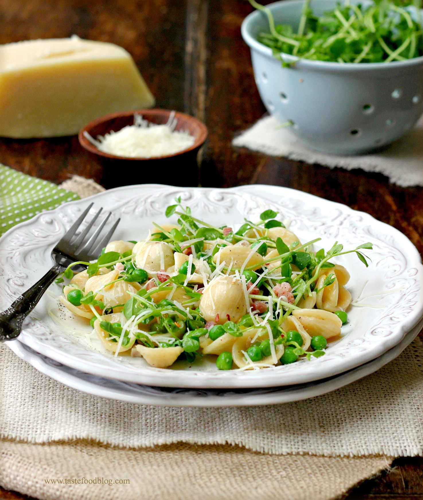 Spring Peas and Shoots with Pancetta and Orecchiette – TasteFood